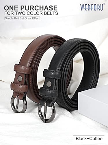 WERFORU 2 Pack Women Belt Skinny Waist Dress Belts Solid Pin Buckle Belt for Jeans Pants,Black+Coffee, Fit Size 46-50 inches