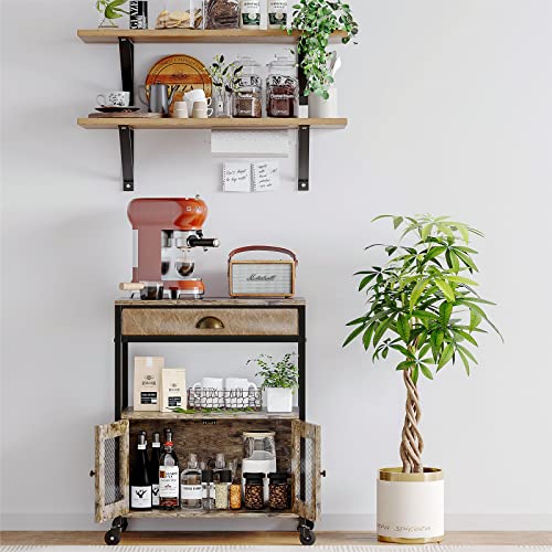 X-cosrack Coffee Bar Cabinet,3 Tiers Kitchen Coffee Cart with Drawer for The Home Buffets & Sideboards, Movable Farmhouse Coffee Station Table on Wheels for Living Room, Entryway, Dining Room, Kitchen