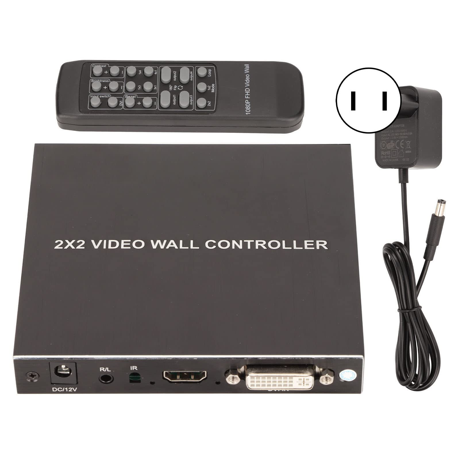 Video Wall Controller, DVI TV Wall Video Controller, Supports 180 Degree Image Rotation and Masking, with Remote, Support 2x2 1x2 2x1 1x3 3x1 1x4 4x1 Video Wall (US