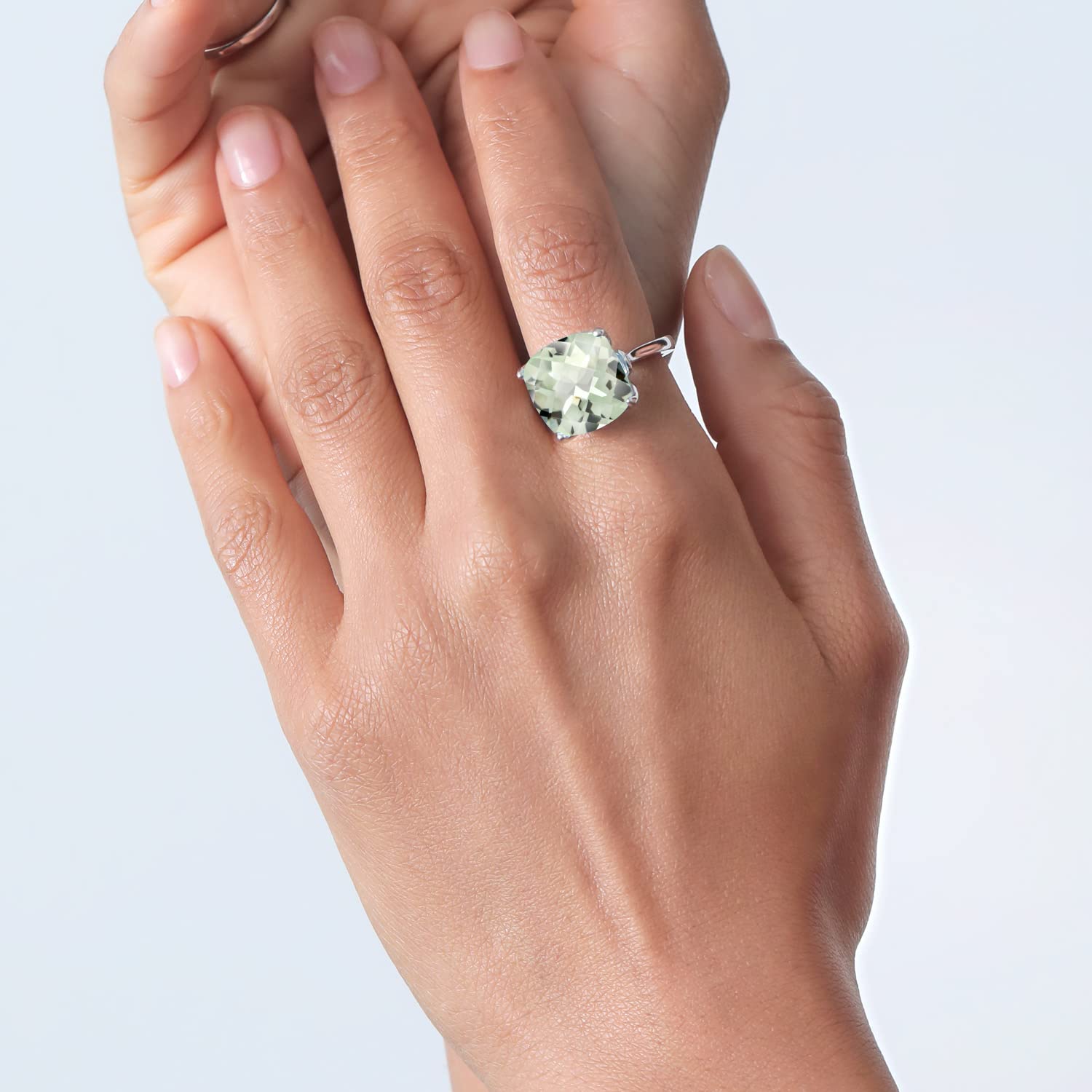 Gem Stone King 925 Sterling Silver Green Prasiolite Engagement Ring For Women (9.72 Cttw, 14MM Cushion Checkerboard, Size 7)