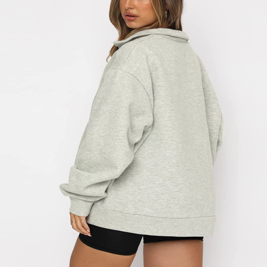 IN'VOLAND Women's Long Sleeves 1/4 Half Zip Sweatshirts Oversized Drop Shoulder Solid Color Pullover Grey