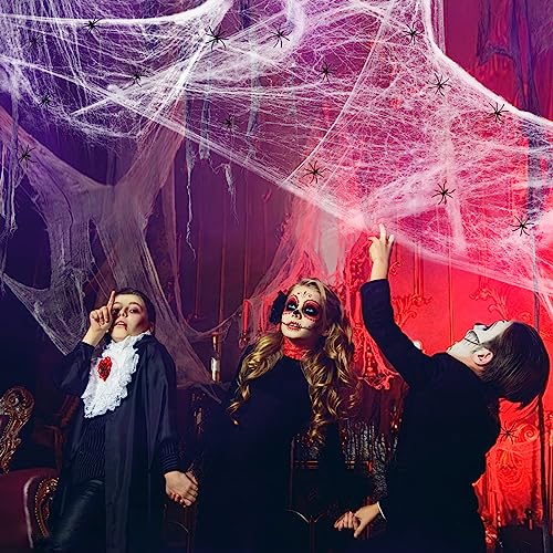 Xgunion Halloween Decorations 1200 Sqft Spider Webs Decorations Halloween Spider Web with 100 Extra Fake Spiders Super Stretchy Spider Webs for Halloween Decor Indoor and Outdoor Party Supplies