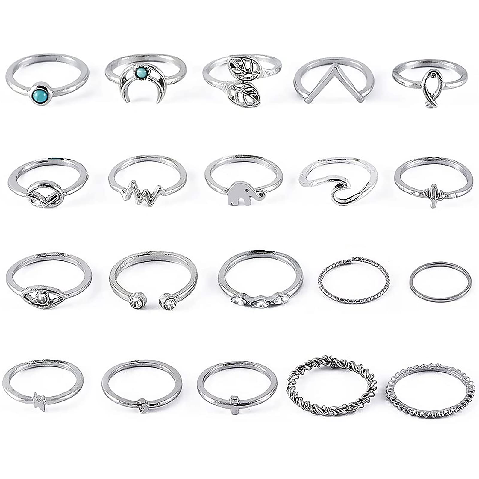 Lwsengme 20PCS Silver Knuckle Rings for Women Bohemian Stackable Joint Finger Rings Retro Rhinestone Crystal Stacking Rings for Teens Girls Women(Silver-20pcs)