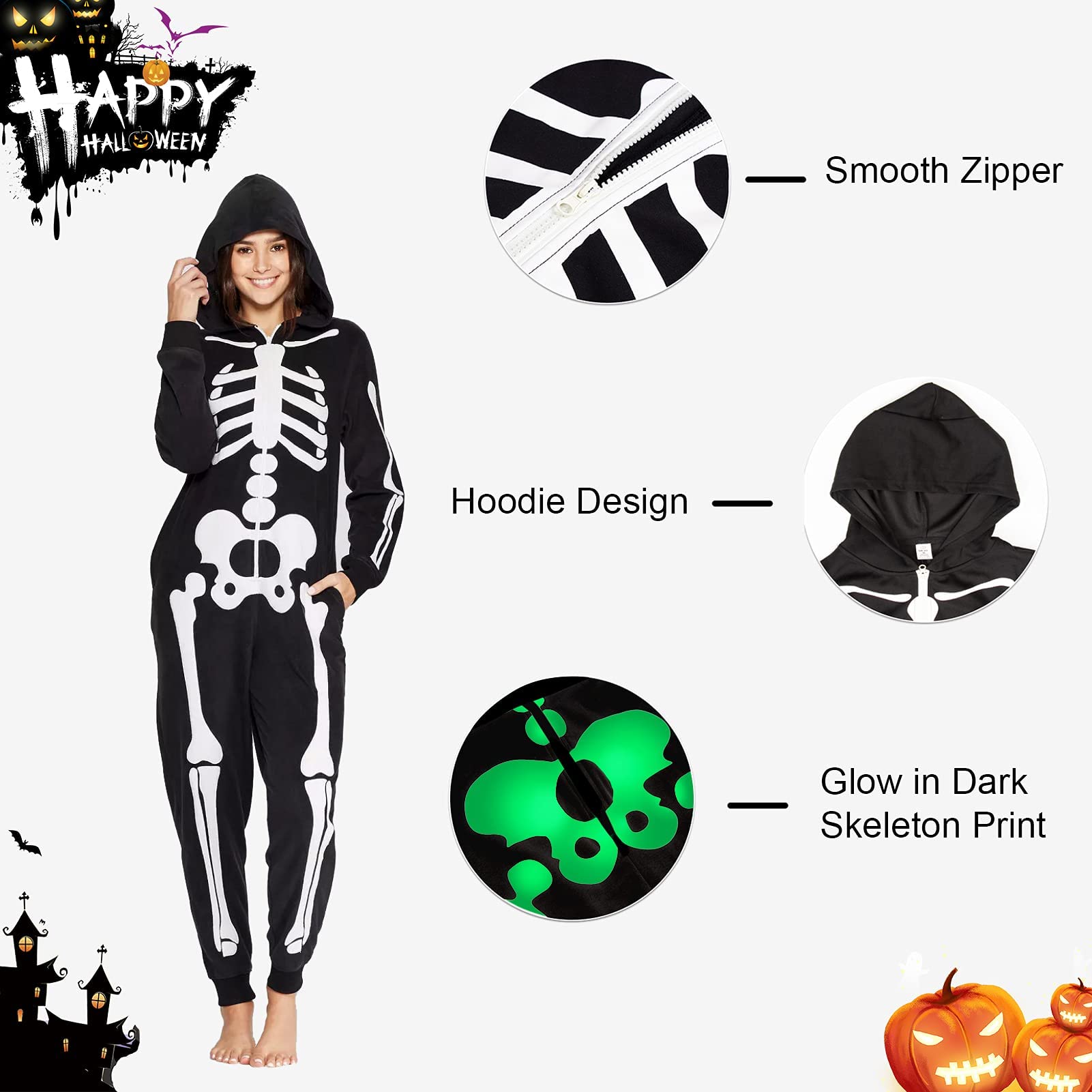 Halloween Matching Family Sets Womens Glowing Skeleton Costumes Hooded Jumpsuit for Ladies Small