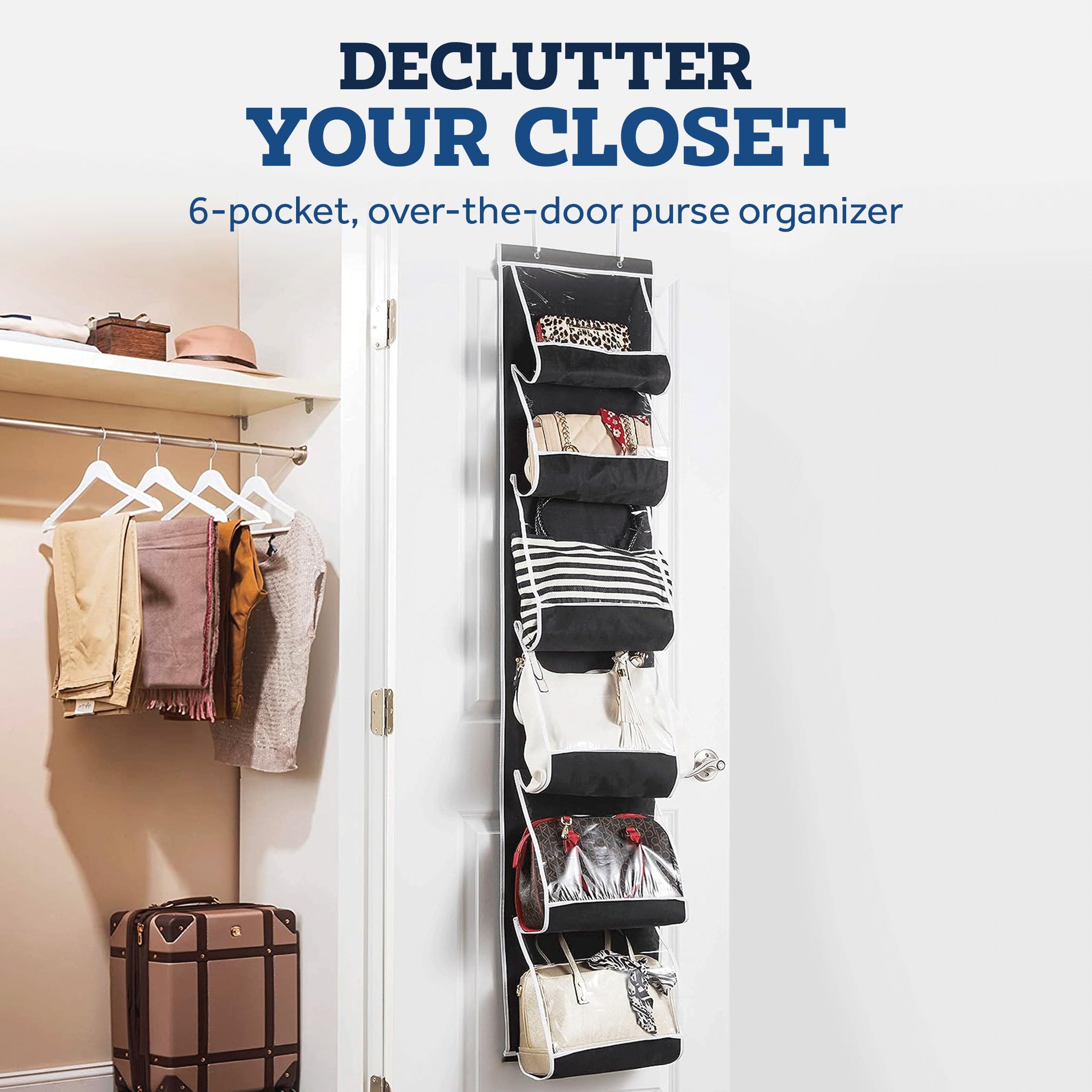 ZOBER Purse Organizer For Closet - Over The Door Purse Organizer W/ 6 Pockets for Easy Purse Storage - Durable Metal Hooks - Purse Rack W/Clear Pockets - Black (2 Pack)
