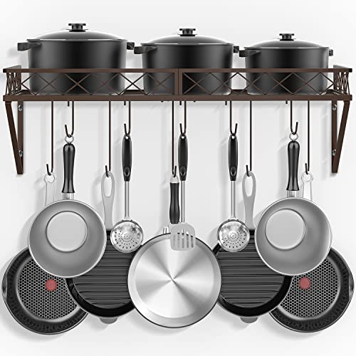 Skycarper Pot and Pan Rack Hanging Wall Mounted Organizer Multipurpose Holder with 10 Hooks, Bronze