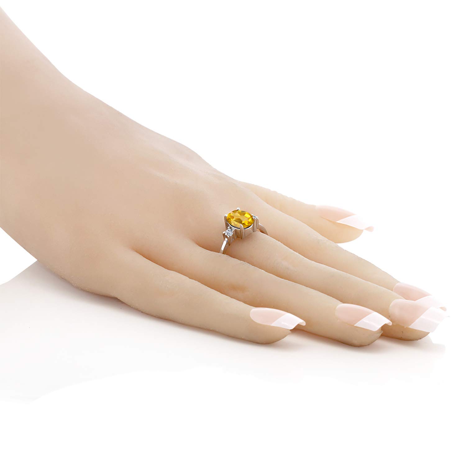Gem Stone King 925 Sterling Silver Oval Yellow Citrine and White Topaz Women's 3-Stone Ring (1.31 Cttw, Gemstone Birthstone, Available In Size 5, 6, 7, 8, 9)