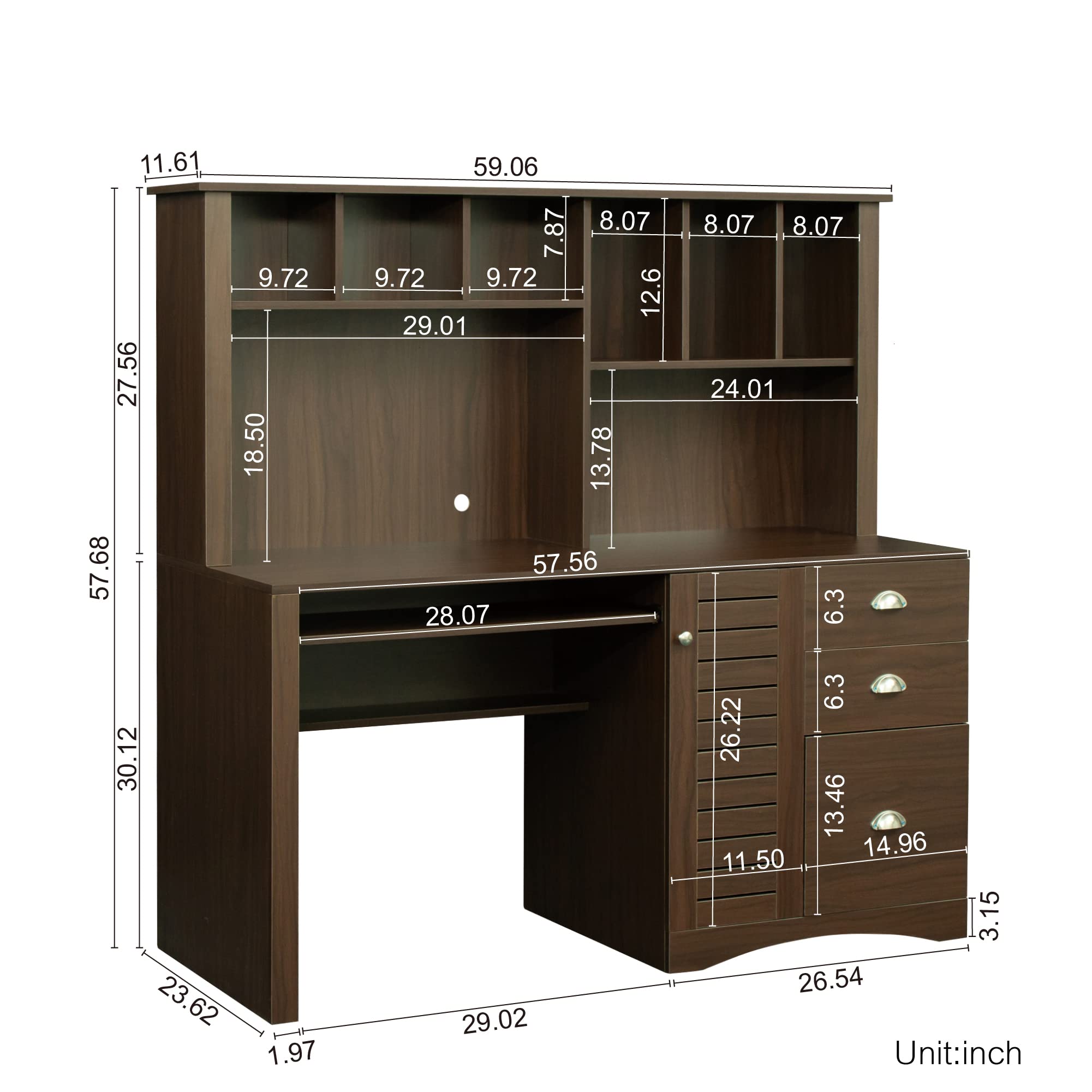 GINGVAT Hutch Style Home Computer Desk with Shelves and 3 Large Drawers,Slid Keyboard Tray,for Study, Bedroom, Living Room and Office, Walnut