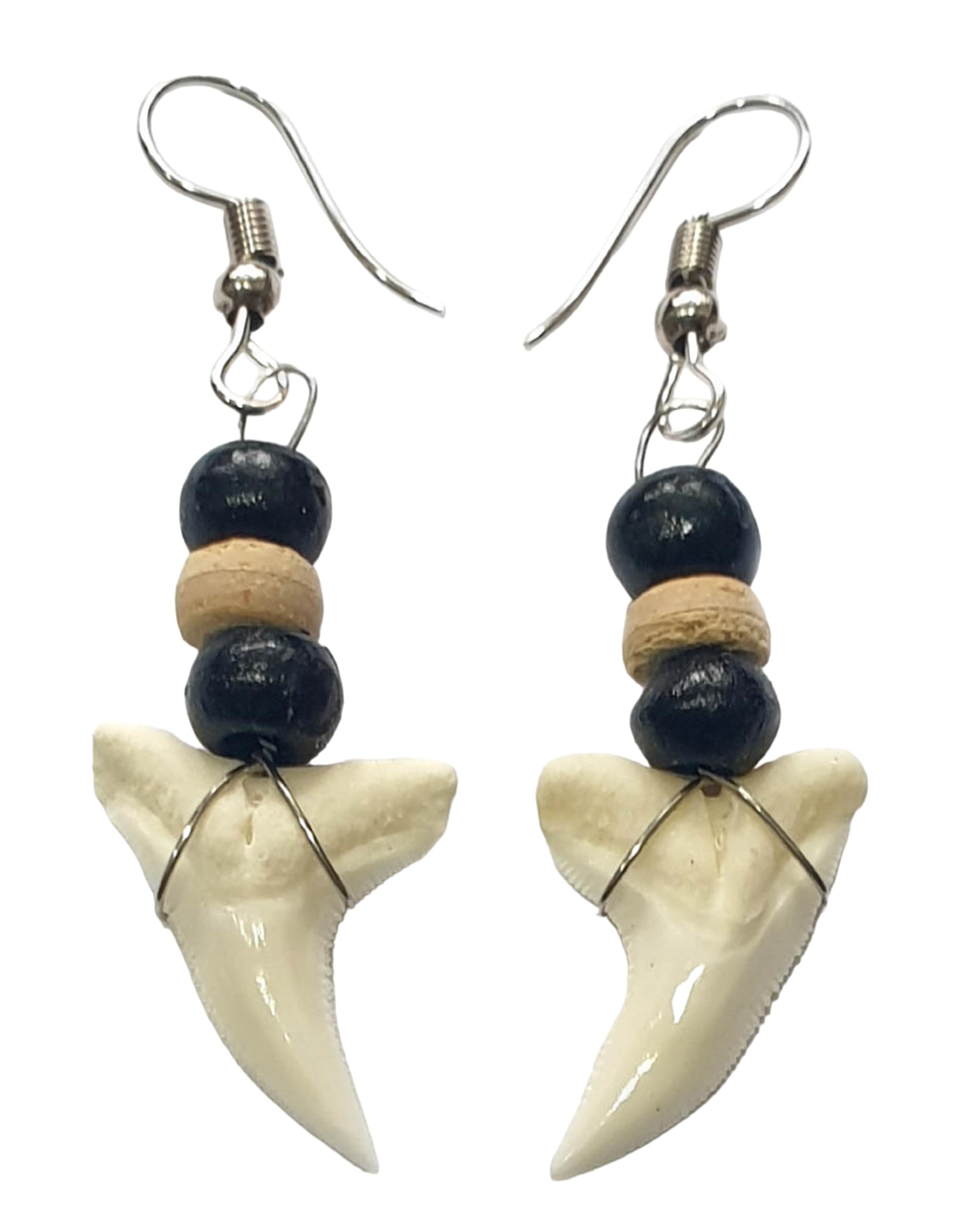 Genuine Mako Shark Tooth Earrings, Handmade Wooden Beads Dangle Shark Tooth Earrings for Women Jewelry GA056-A