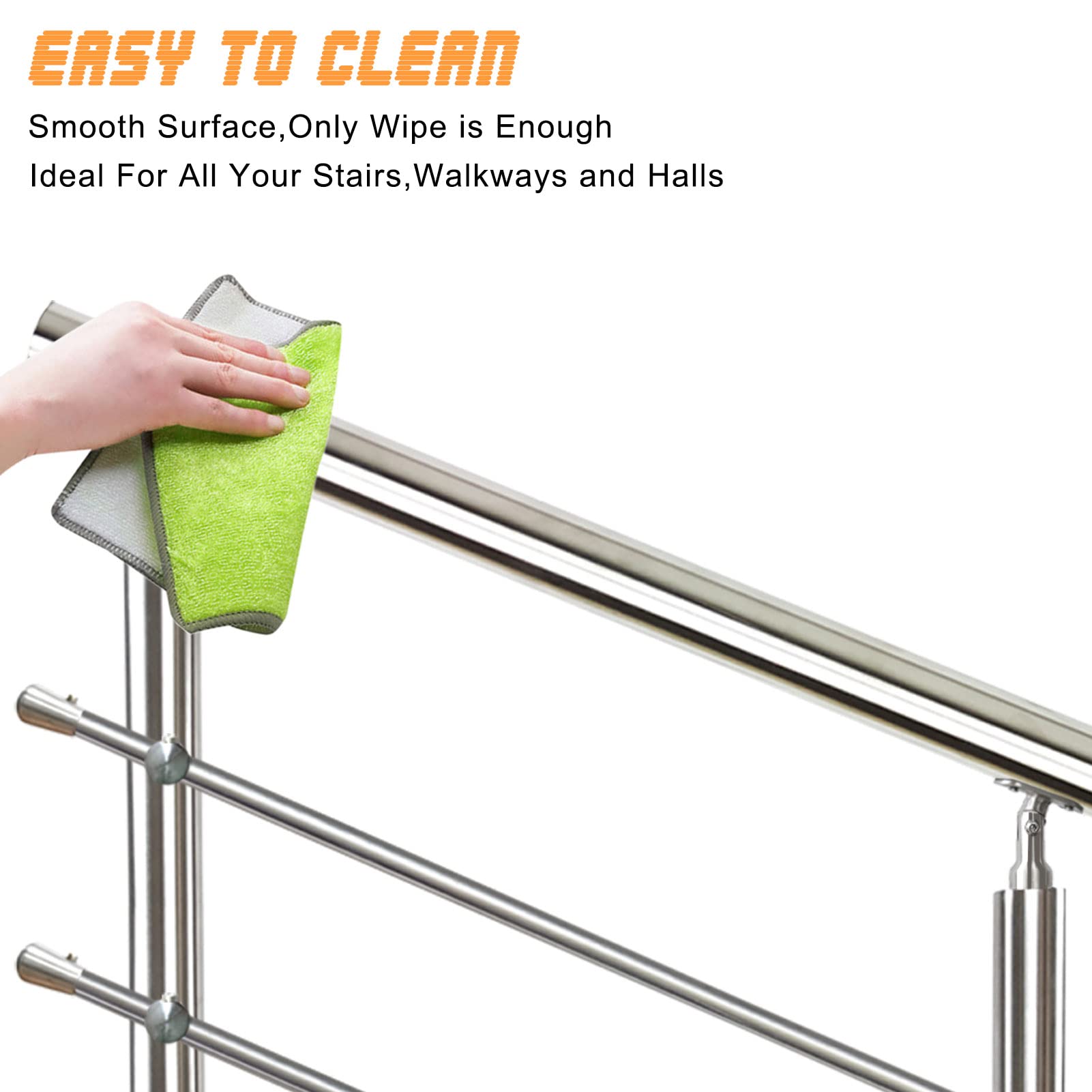 Hanone 304 Stainless Steel Handrail for Deck Stairs Indoor Outdoor Metal Balustrade Hand Railing, Round Pipe Tube Brushed Rail Bars Adjustable Angle Fits 1 to 3 Steps - Complete Kit (Silver) 3.28ft