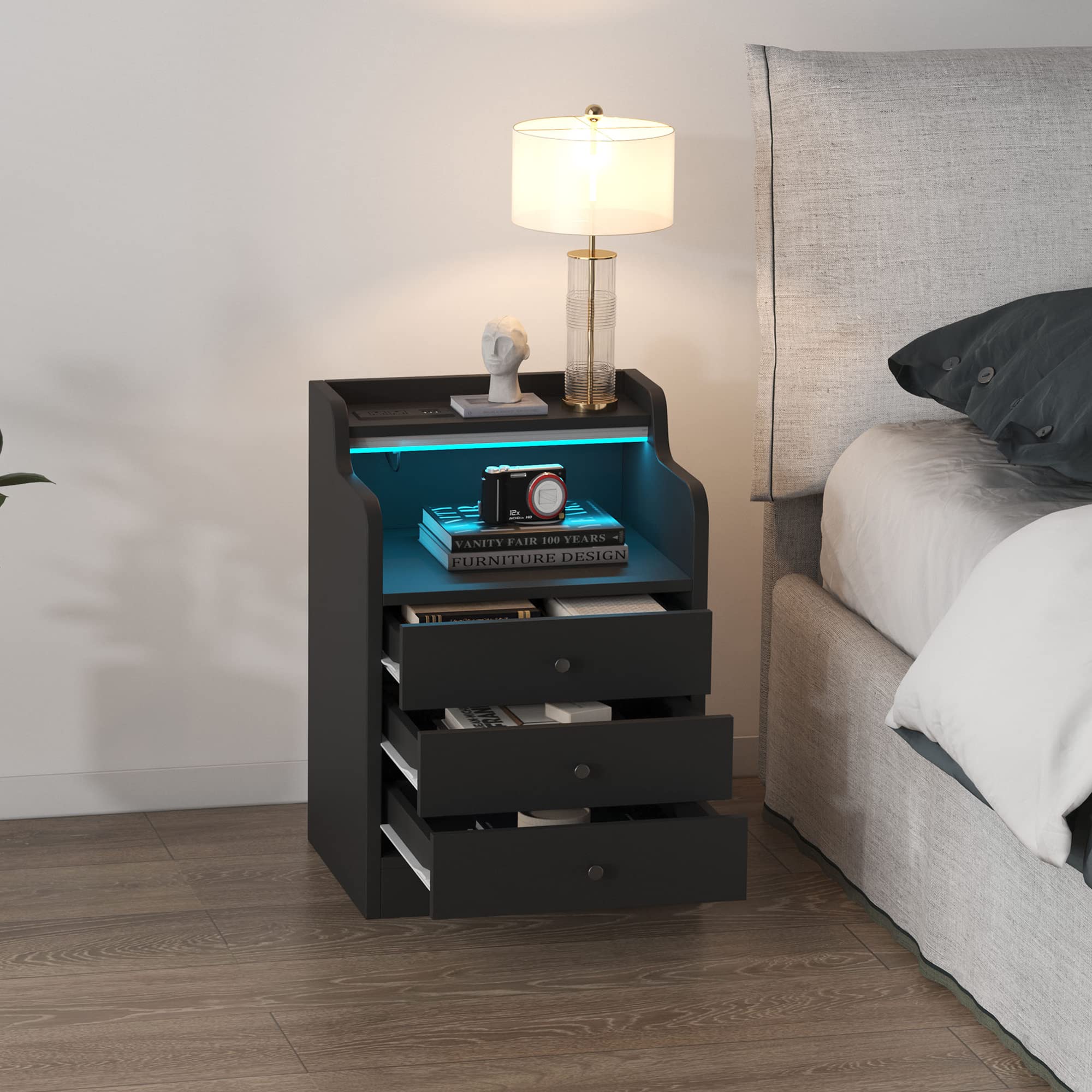 Gdvsclr Nightstand with Charging Station, Nightstand with LED Lights, 3 Drawers Bedside Table for Bedroom/Dormitory, Led Nightstand with Open Storage Shelf, 3 USB Ports & 2 Outlets, Black