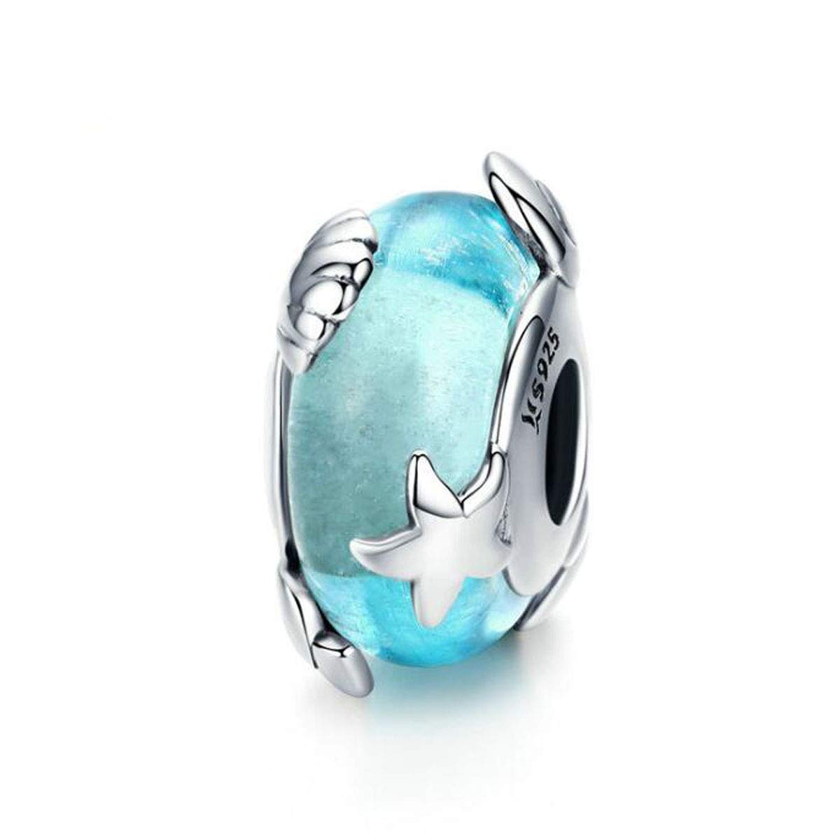 Genuine Murano Glass Charms Beads for Bracelets Original 925 sterling silver Core Blue Bubbles Pink Flowers Charms for Pandora Bracelets (C1257 Ocean Charms)