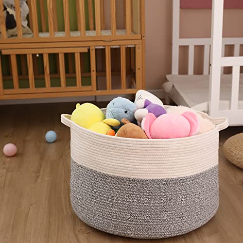 TONGXIN Large Laundry Basket Woven Cotton Rope Laundry Hamper 21.7"x13.8" Woven Baby Laundry Blanket Basket Toy Basket with Handle Storage Comforter Cushions Thread Laundry Hamper grey