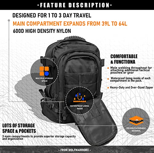 WolfWarriorX Tactical Backpack for men Military Army Expandable 3 Day Pack for Camping Hiking