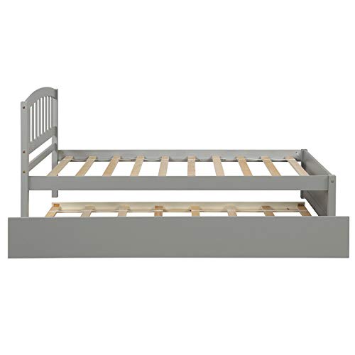 GINGVAT Twin Size Platform Bed with Trundle, Wooden Bedframe Frniture, Gray