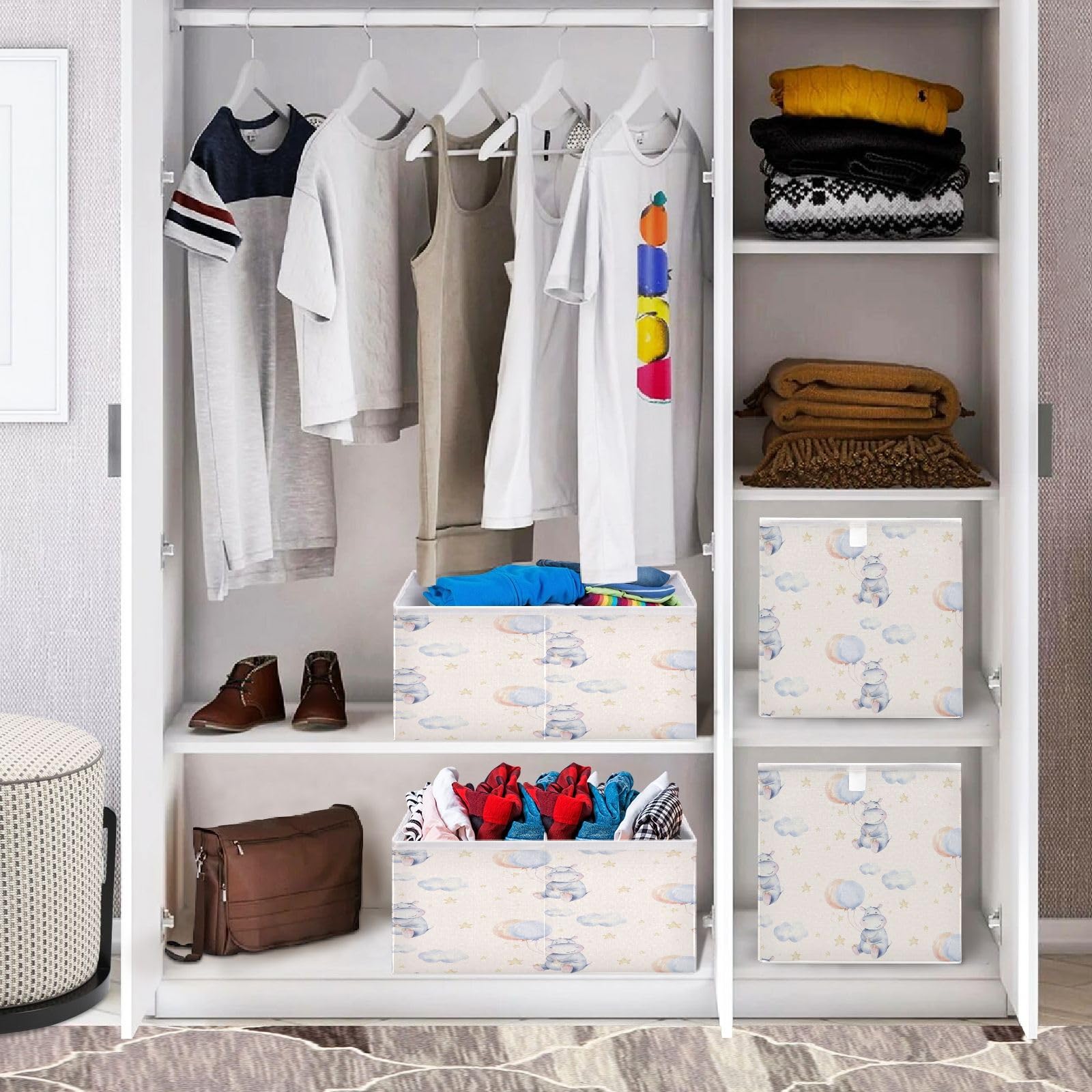 WELLDAY Storage Basket Hippo Foldable 15.8 x 10.6 x 7 In Cube Storage Bin Home Decor Organizer Storage Baskets Box for Toys, Books, Shelves, Closet, Laundry, Nursery
