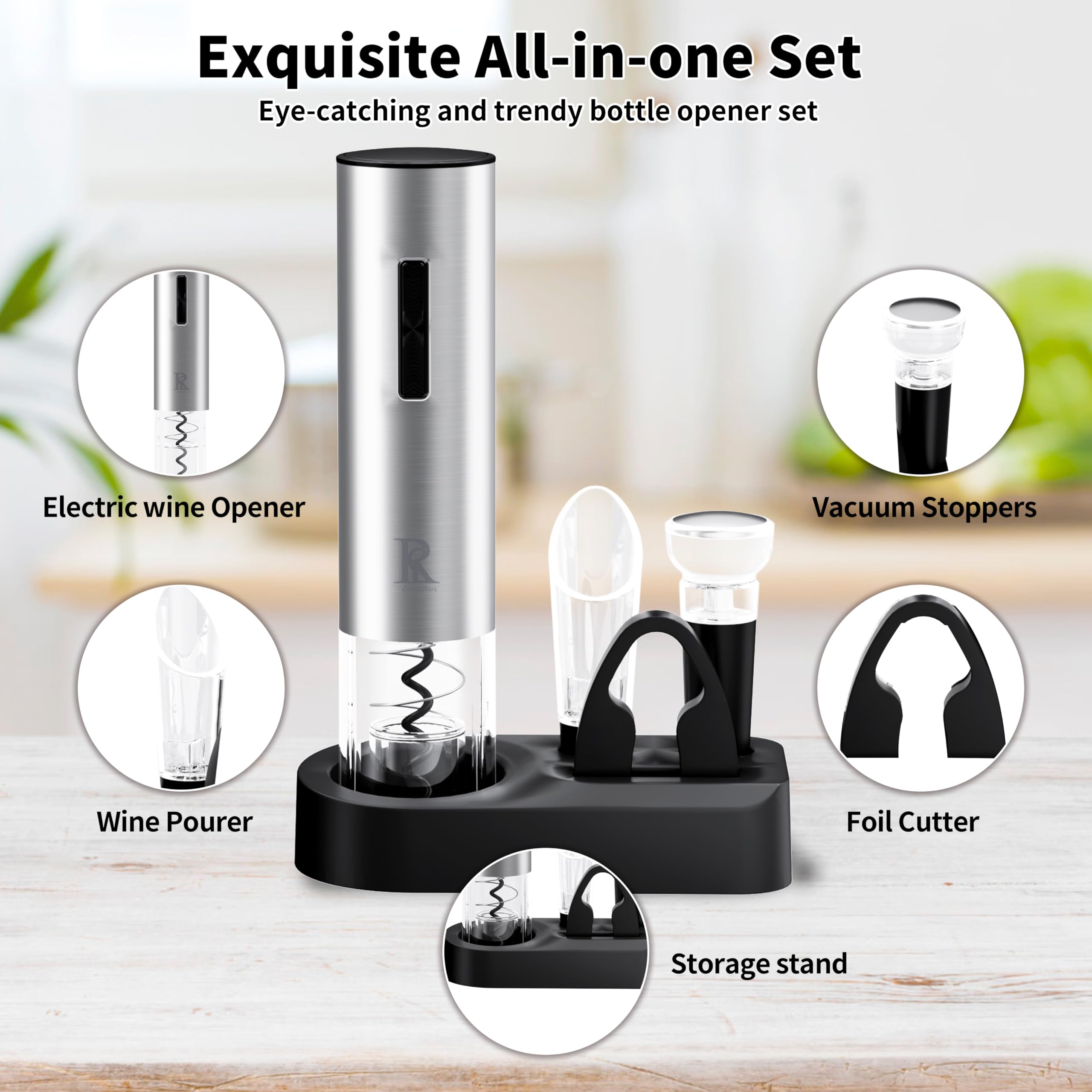 R Conlifeus Electric Wine Opener Rechargeable, One-touch Automatic Wine Bottle Corkscrew Opener (Stainless Steel) Set,Ideal Wine Accessories and Wine Gift Sets