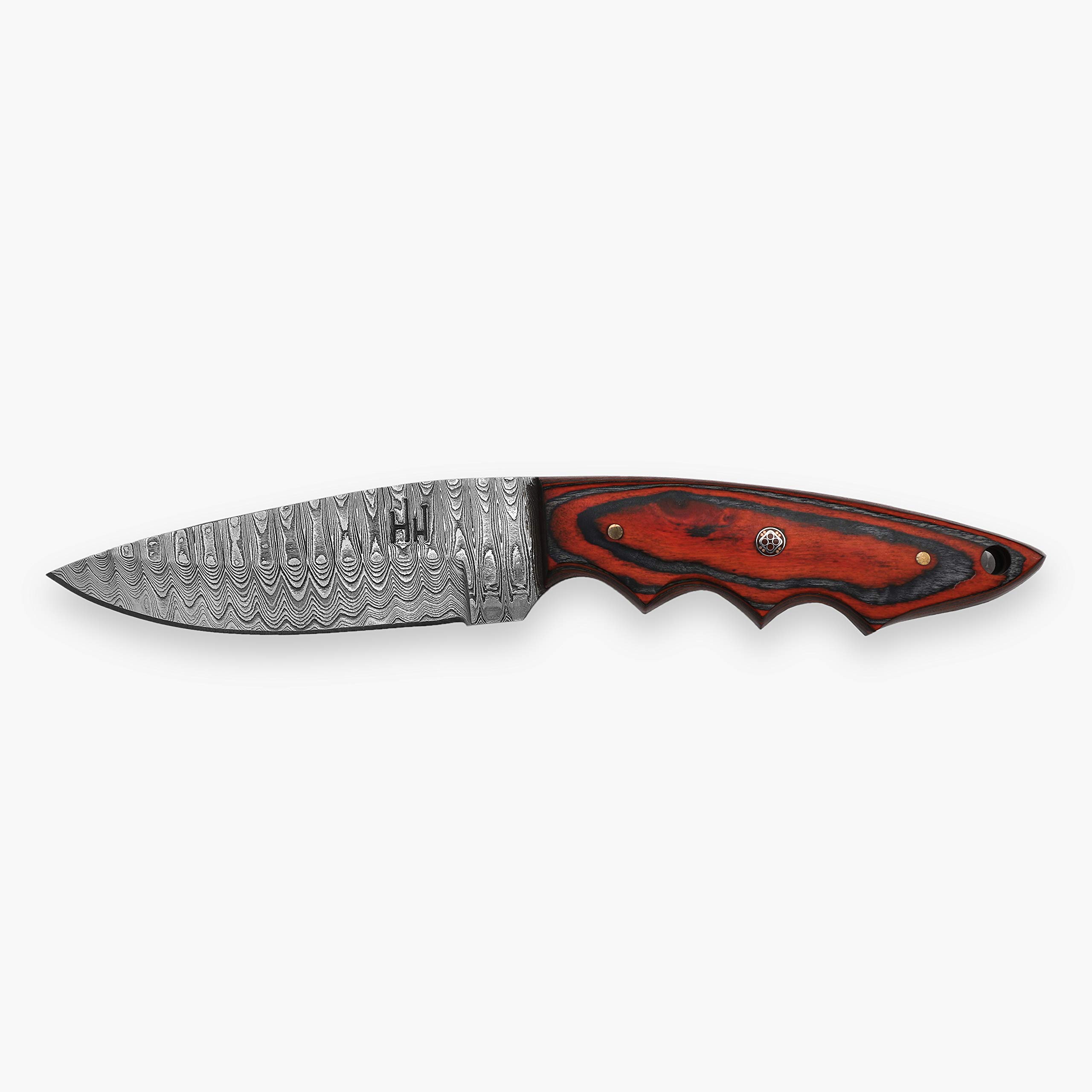Hobby Hut HH-347 8.75 inches Damascus Steel Hunting Knife with Sheath, Fixed Blade Knife, Walnut Wood Handle Designed for Hunting Camping and Survival