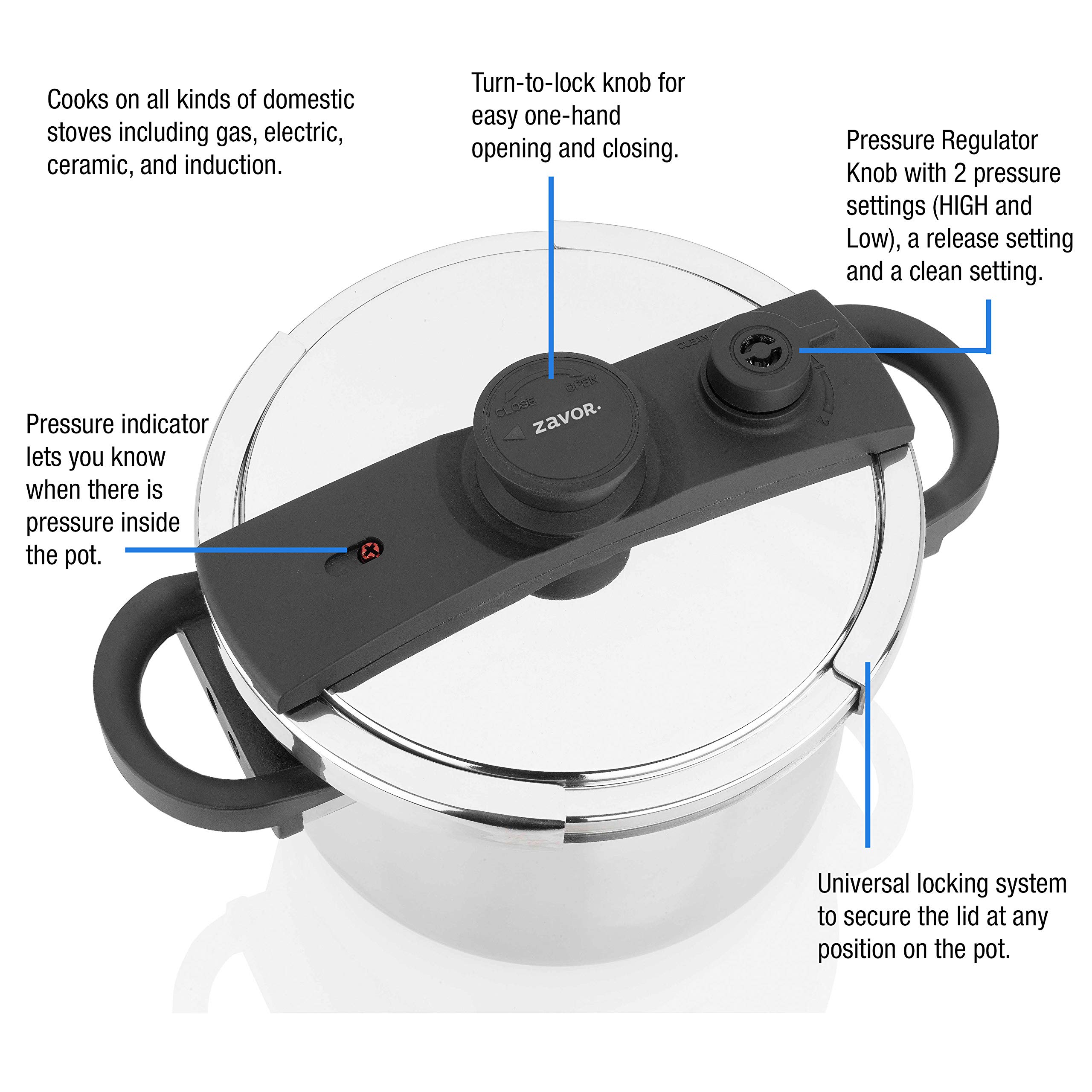 Zavor EZLock Stove Top Pressure Cooker 10 Quart - Canning Ready, Stainless Steel, Multi Pressure Levels, Easy Locking, Induction Ready, 4 Jar Canning Capacity, Digital Cookbook & Steamer Basket
