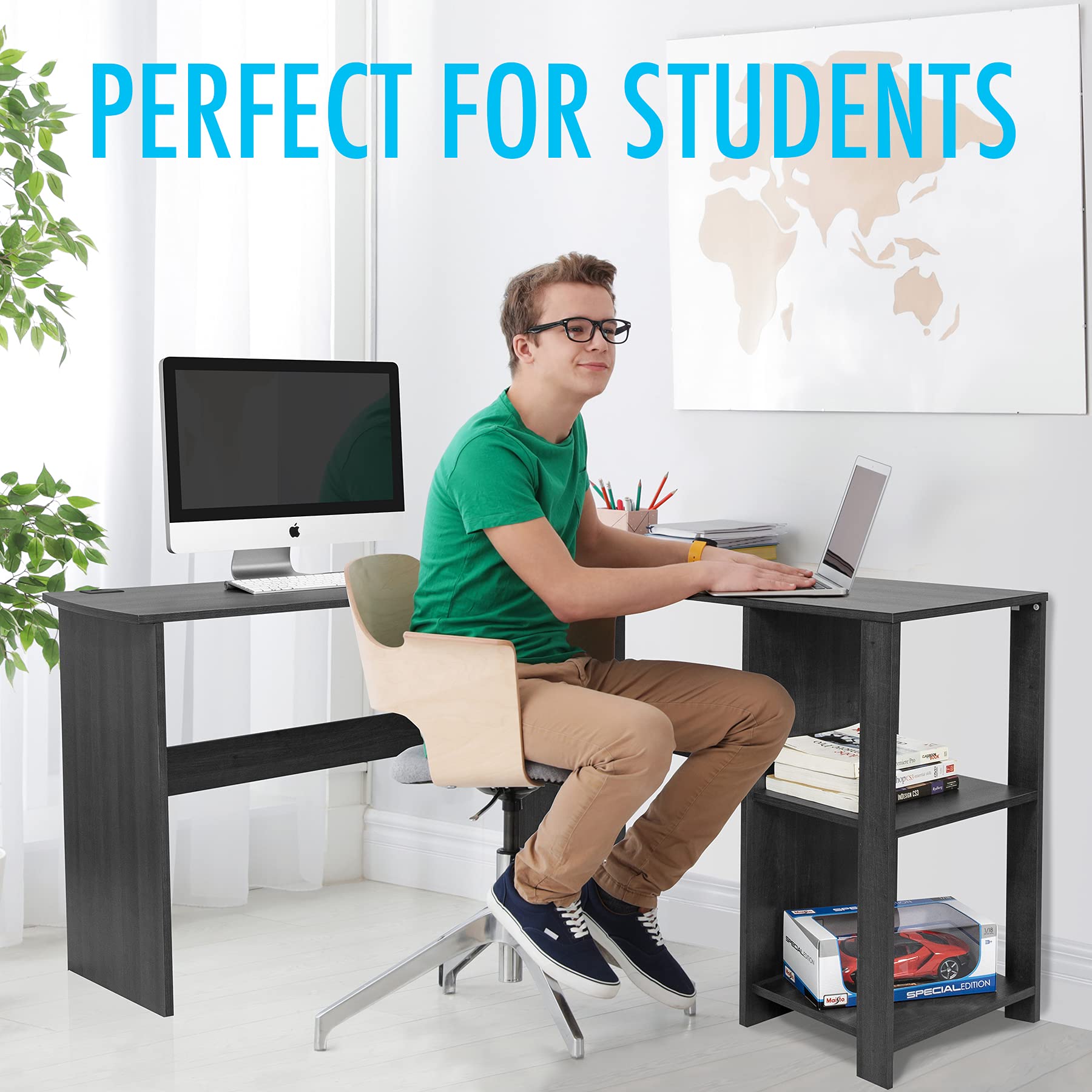 JAHRSTIM Aiden L Shaped Home Office Desk with Shelves, 51 inch Small Wooden Computer Cornor Desk for Small Space Study Writing Workstation, Dark Grey