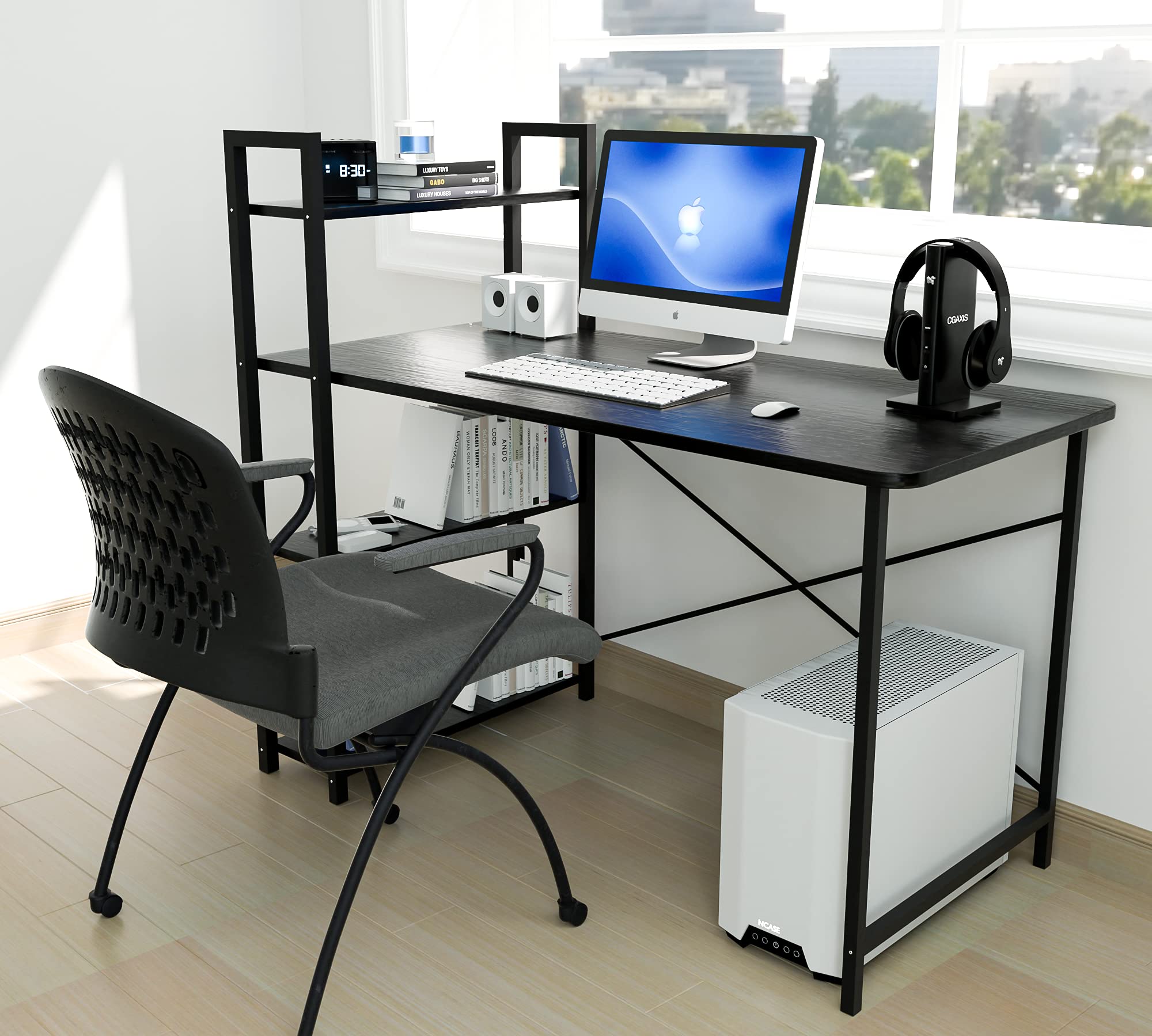 JAJUMUDO Computer Desk with Shelves,47" Writing Study Desk with Bookshelf for Home Office,Laptop PC Workstation,Stable Metal Frame,Black