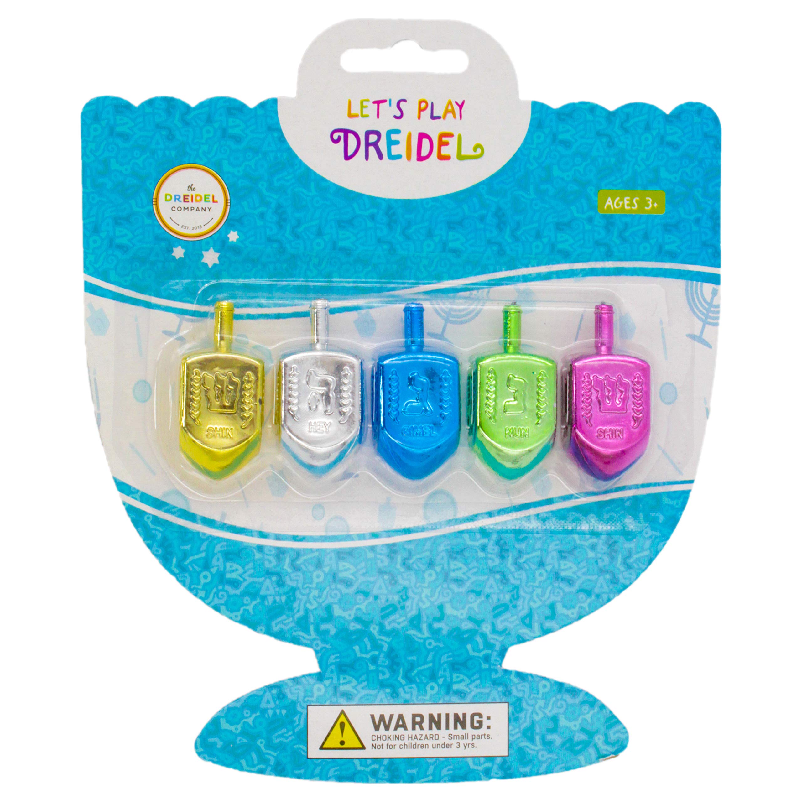 Hanukkah Dreidels Plastic Multicolored Metallic Dreidels with Foil Embossed Hebrew Letters & English Transliteration (5-Pack)