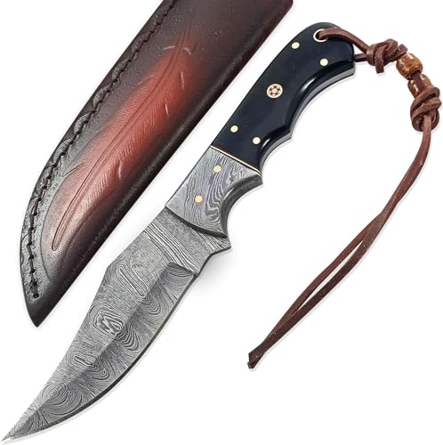 Handmade Damascus Hunting Knife with Sheath - Fixed Blade Hunting Knives for Men - Walnut Wood Handle Fixed Blade EDC Knife With Leather Sheath - Bushcraft Knives, Camping Knife Survival