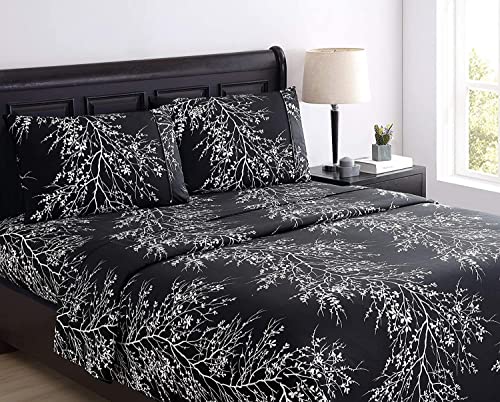 SL Spirit Linen Home EST. 1988 - Queen Sheet Set, Super Soft Microfiber Bedding, Elegant Foliage Design & Ideal for All Seasons (Queen, Black/White)