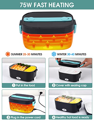 Xflyee 75W Electric Lunch Box Food Heater, 12V/110V Upgraded Leakproof Heating Lunch Box for Work/Car/Truck/Office with 1.5L Removable Stainless Steel Container, Fork & Spoon and Insulated Carry Bag