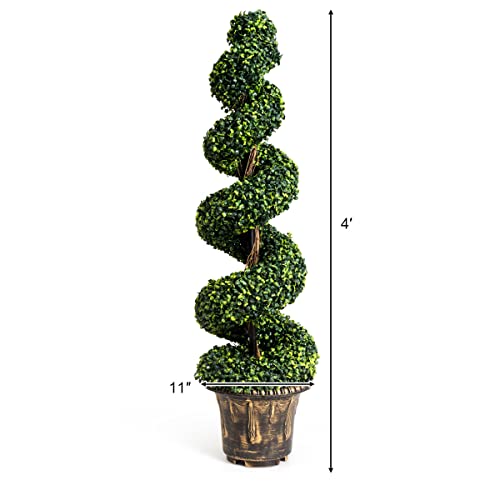 GOPLUS 4 Ft Artificial Boxwood Spiral Topiary Tree, Fake Greenery Plants, Leaves & Cement-Filled Plastic Flower Pot Decorative Trees for Porch Home Office Indoor Outdoor
