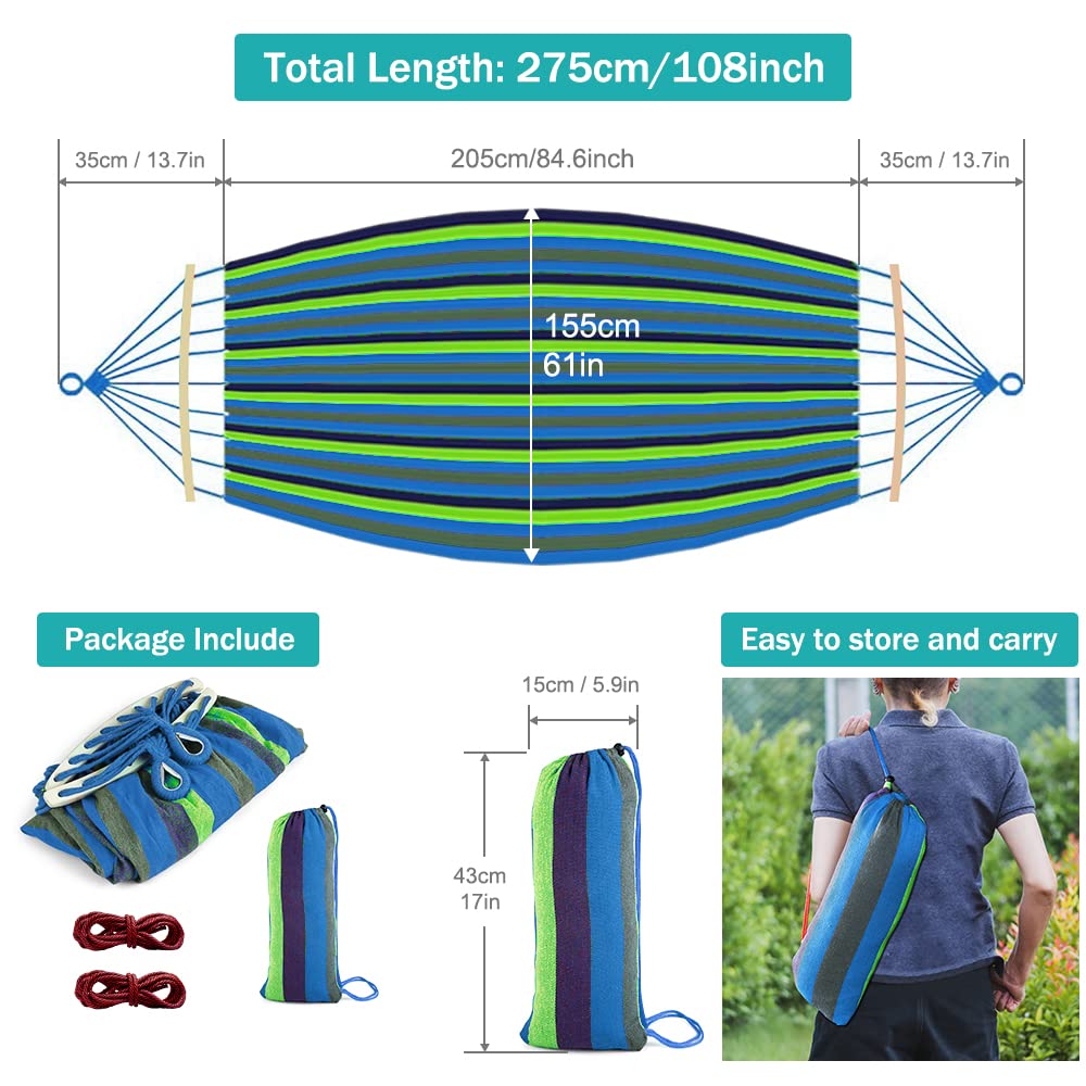 MOSFiATA Hammocks Portable Camping Hammock Upgraded 550lb Comfortable Fabric Hammock with Two Anti Roll Balance Beam and Sturdy Tree Straps for Camping, Patio, Backyard, Outdoor (Blue Green)
