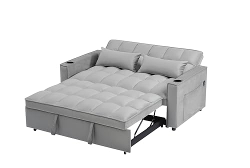 FULife Convertible Loveseat Sofa Futon Couch Sleeper Pullout Chaise Lounge Recliner Chair Reversible Folding Daybed Guest Bed, Gray 63.78" w