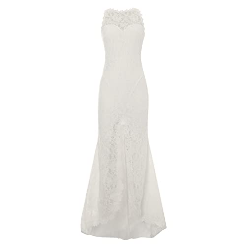 Women's White Floral Lace Slit Mermaid Wedding Dresses for Bride Summer Sleeveless Slim Maxi Long Bridal Gown