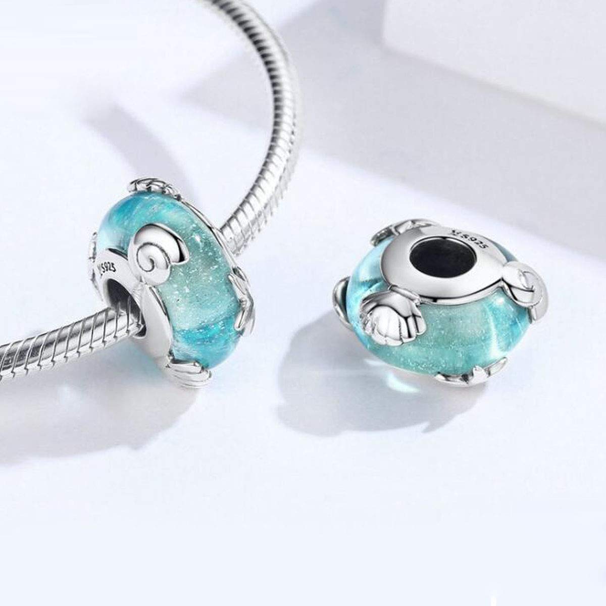 Genuine Murano Glass Charms Beads for Bracelets Original 925 sterling silver Core Blue Bubbles Pink Flowers Charms for Pandora Bracelets (C1257 Ocean Charms)