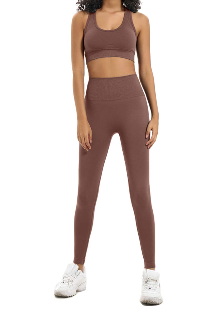 HAODIAN Women's Yoga Outfits 2 Piece High Waisted Leggings with Sports Bra Gym Clothes Sets(Brick Red,M)