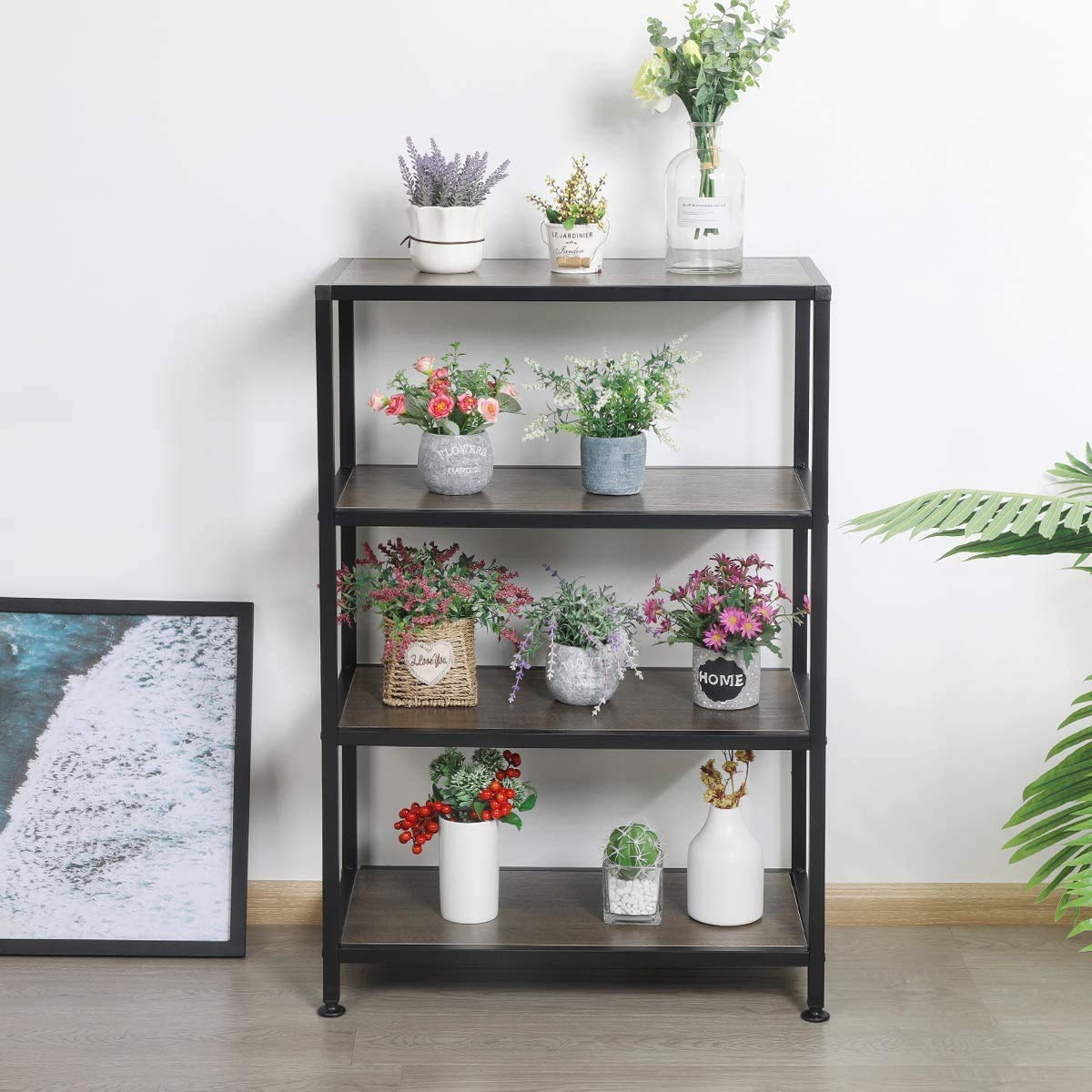 GreenForest 4-Tier Bookshelf Industrial Open Shelf Bookcase with Metal Frame for Home and Office Storage Display Shelves, Rustic Walnut