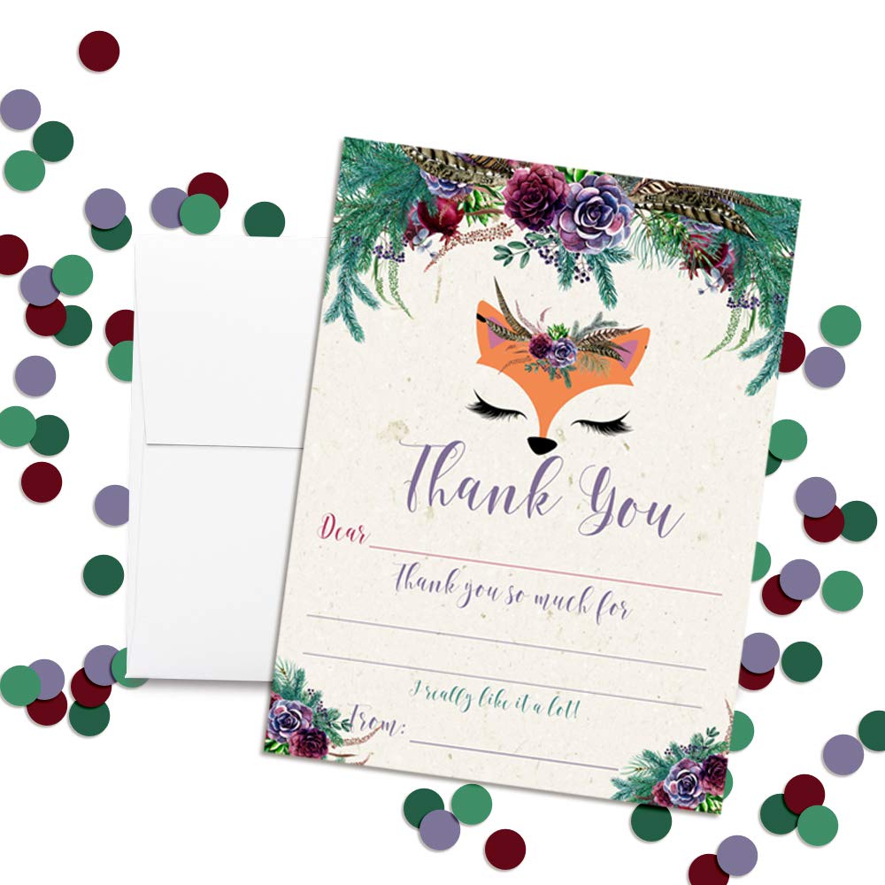 Woodland Forest Fox Face Floral Thank You Notes, Ten 4" x 5.5" Fill In The Blank Cards with 10 White Envelopes by AmandaCreation