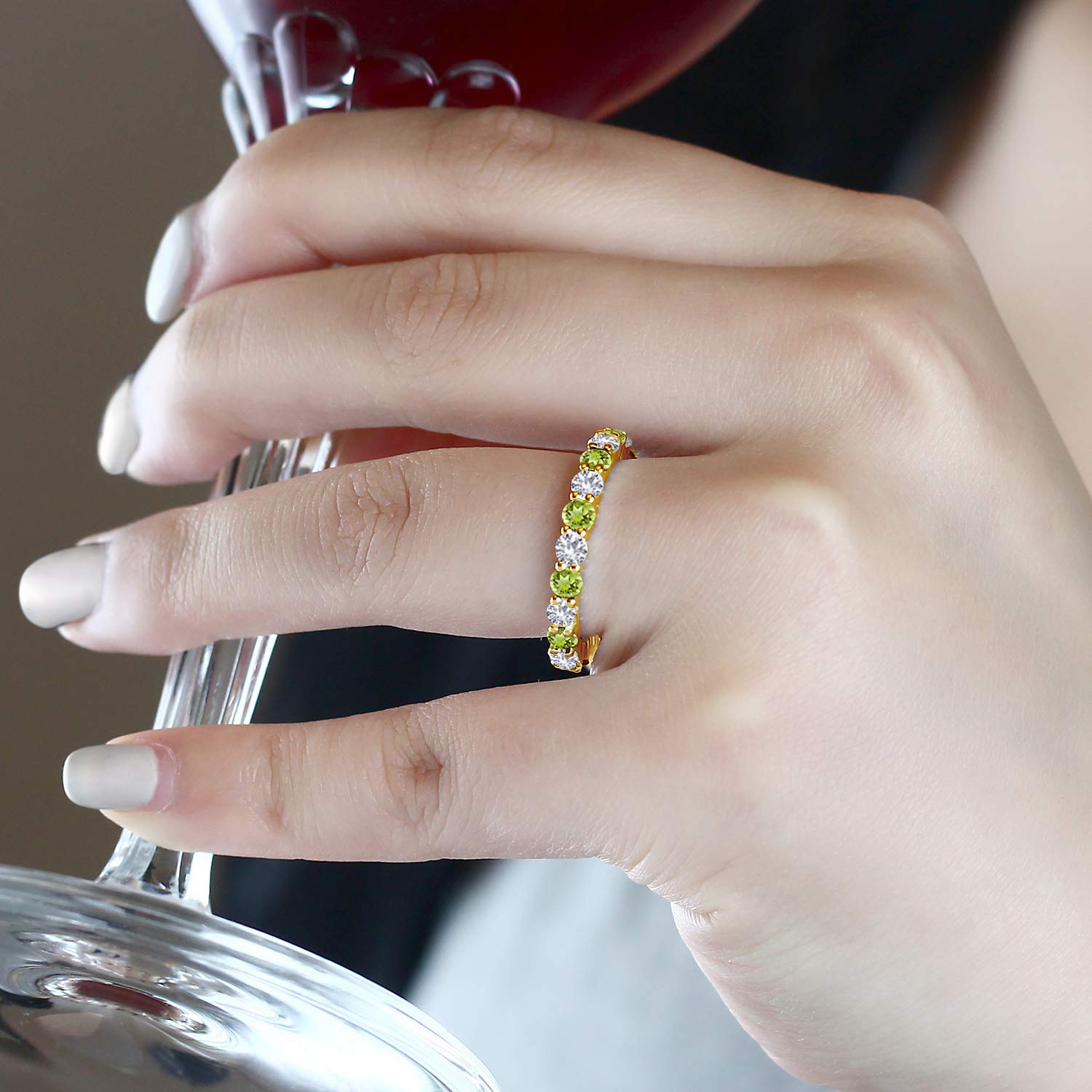 Gem Stone King 1.20 Ct Round Green Peridot and White Created Sapphire 18K Yellow Gold Plated Silver Eternity Band Ring (Size 5)
