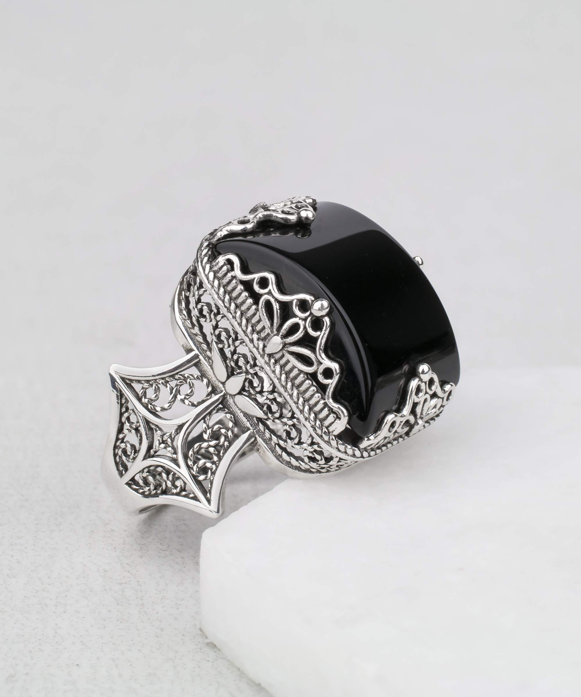 Genuine Unakite Black Onyx Gemstone 925 Sterling Silver Filigree Style Unisex Bold Ring Special for You and Your Precious (Size 5-12) (9, Onyx)