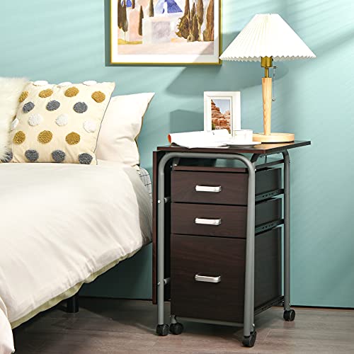 Tangkula Folding Computer Desk with 3 Storage Drawers, Mobile Home Office Desk Study Writing Desk with Smooth Wheels, Space Saving Compact Desk for Dorm Apartment, Rolling Folding Desk Table