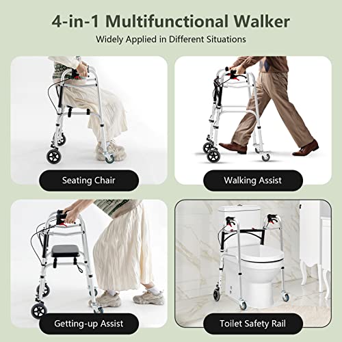 Goplus Walkers for Seniors, 4-in-1 Folding Walker with 5ββ Wheels, Detachable Seat, Height Adjustable Stand Up Walker, Medical Walking Mobility Aid, 350lbs Rolling Walker for Adult Bariatric Handicap