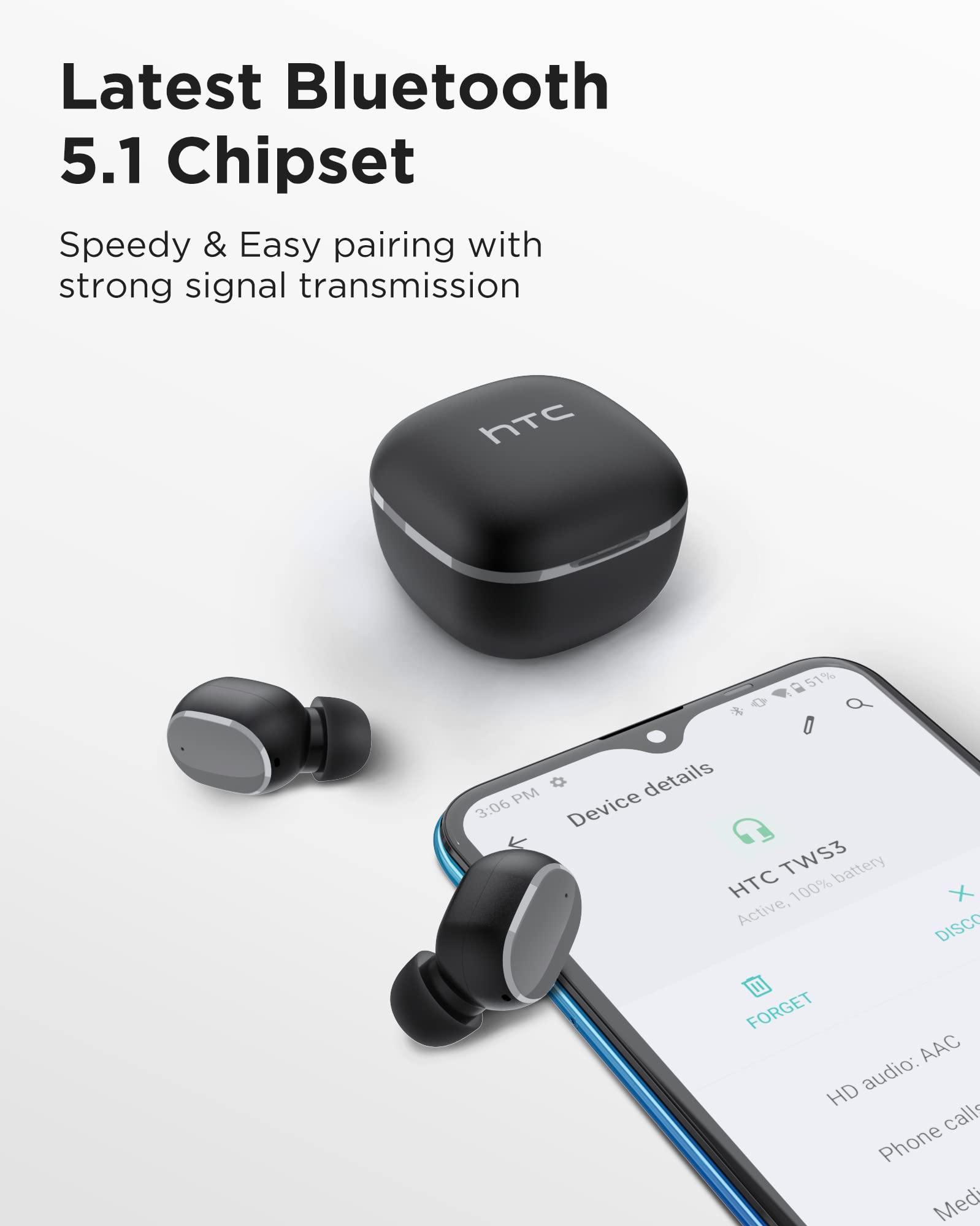 HTC Wireless Headphones Bluetooth 5.1 Wireless Headphones Wireless Earbuds with Built-in Microphone Touch Control with Deep Bass for Calls, Office, Sport (White)