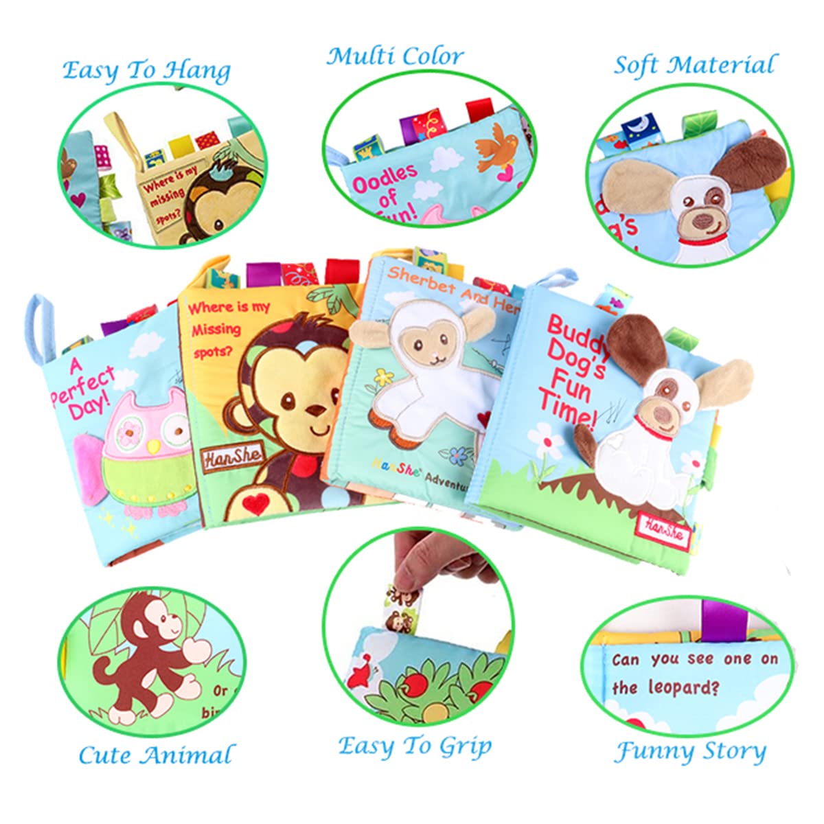 HanShe Soft Baby Books Crinkle Book Set 4 Pack High Contrast Cloth Book Educational Learning Toy for Infant Fabric Baby Activity Crinkle Book for Infants Toddler Birthday Gift