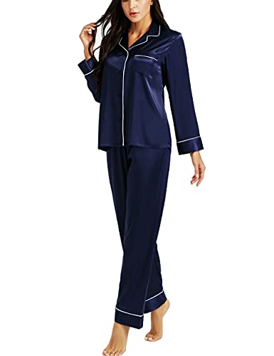 Womens Silk Satin Pajamas Set Sleepwear Loungewear Navyblue L