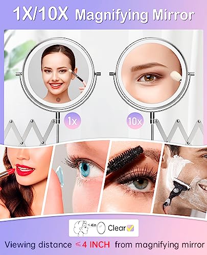Rechargeable Wall Mounted Lighted Makeup Mirror, 1X/10X Magnifying Mirror with 3 Light Settings, 8 Inch 360° Swivel Extendable Bathroom Mirror, Double Sided Telescoping Mesh Vanity Mirror - Chrome