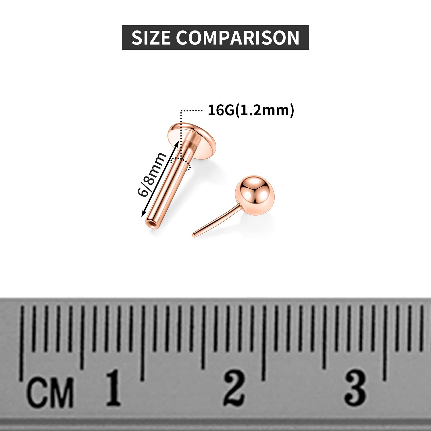 GAGABODY Labret Jewelry G23 3mm Ball 16g Lip Rings Titanium Bezel Push Back Threadless Labret Helix Cartilage Tragus Monroe 8mm Lip Studs Earring Piercing Rose Gold
