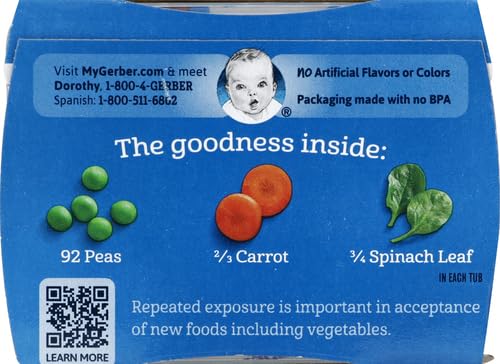 Gerber Baby Food Pea Carrot Spinach Puree, 4 Oz, 2 Pack Tubs