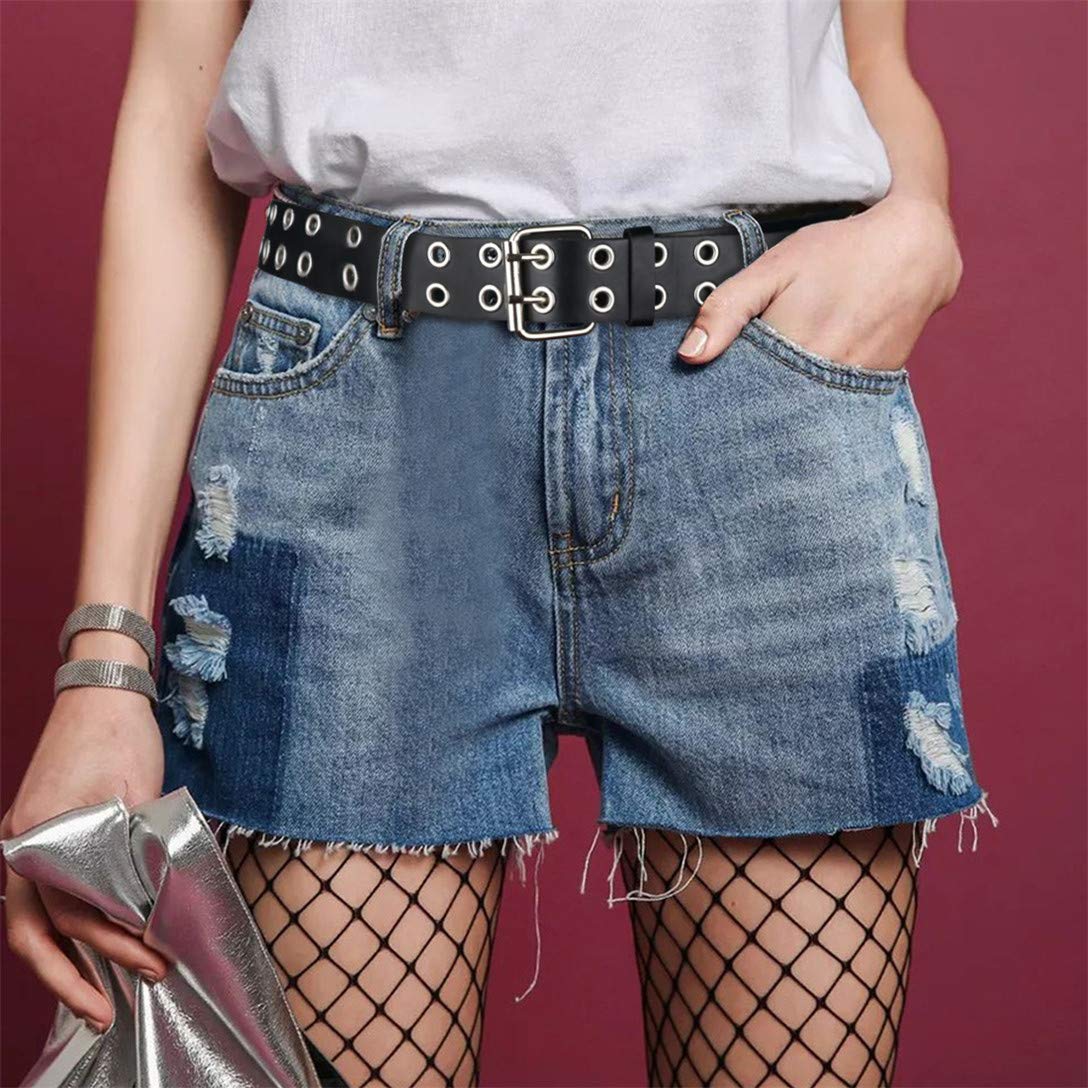 Grommet Leather Belts for Women, Double Prong Buckle Vintage Punk Jeans Belts