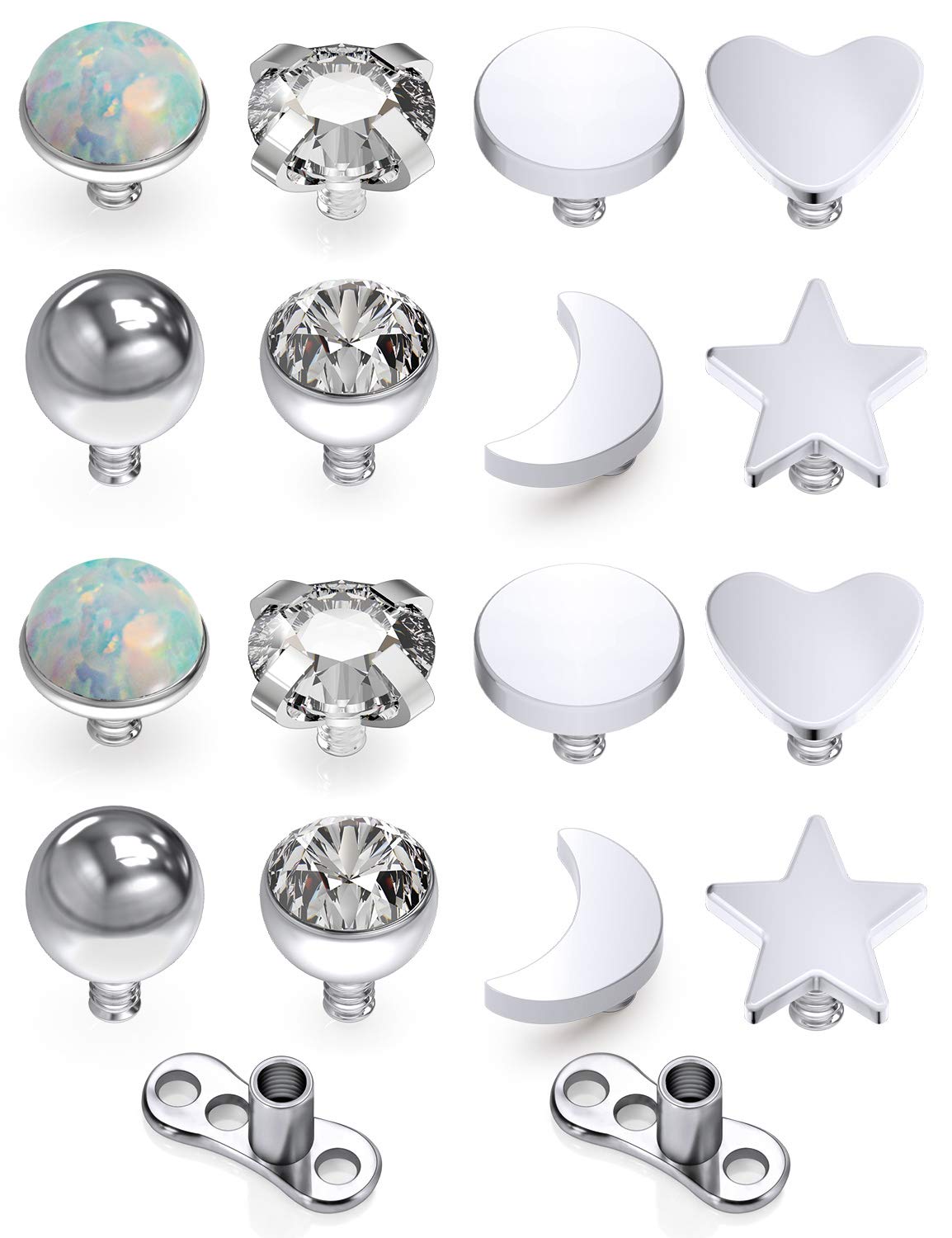 Hoeudjo 18PCS 14g Dermal Anchor Tops and Base Skin Titanium Microdermals Surface Piercing Jewelry for Women Men, Opal/CZ/Ball/Heart/Moon/Star/Flat Top + Bases 4mm
