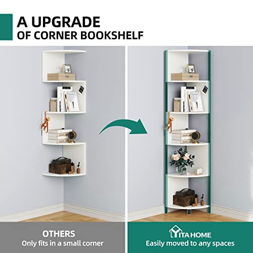 YITAHOME 6-Tier Corner Shelf, 68.8" Tall Modern Free Standing Zigzag Corner Bookshelf, 6 Shelf Display Corner Bookcase Open Small Book Shelves for Living Room, Home Office, Small Space, White